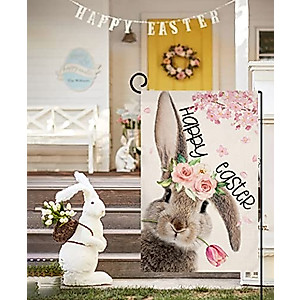 Easter Bunny Garden Flag 12x18 Vertical Double Sided Gray Rabbit Spring Floral Tulip Farmhouse Holiday Outside Decorations Burlap Yard Flag BW278