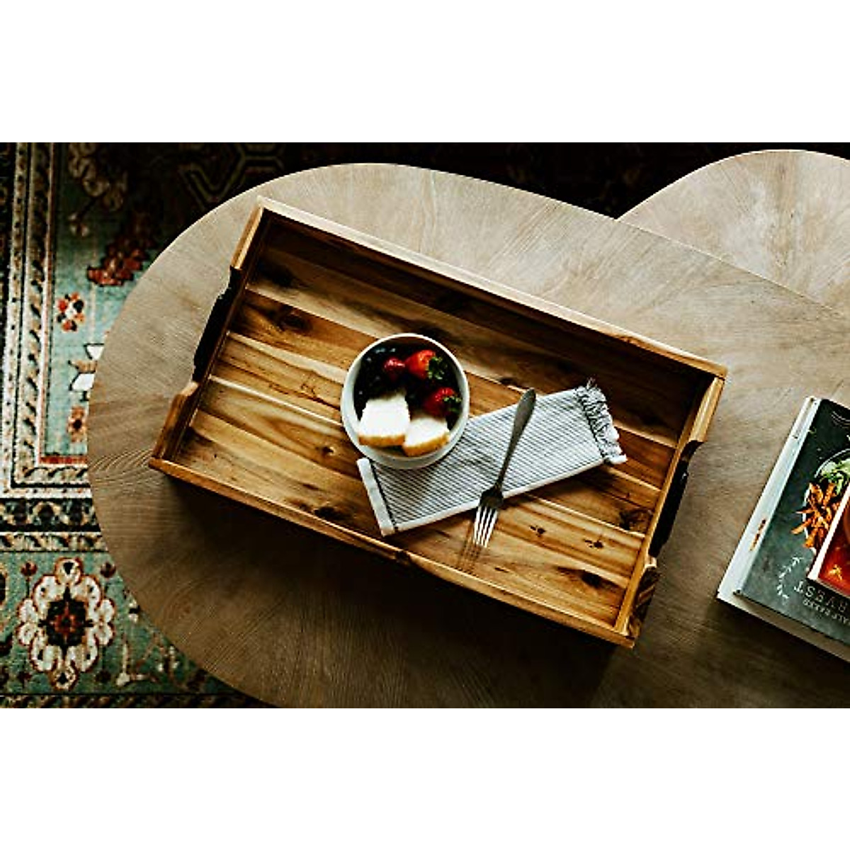 Villa Acacia Large Wood Serving Tray 24 Inch with Handles, Solid Wood, Light Finish