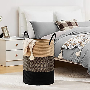 72L Large Woven Laundry Hamper by Fiona's magic, Tall Cotton Rope Storage Basket, Jute Baby Nursery Hamper for Blankets, Toys and Clothes in Bedroom and Living Room Organizing, Brown & Black