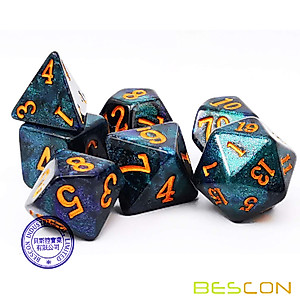 Bescon Starry Night Dice Set Series, 7pcs Polyhedral RPG Dice Set Midnight, Polybag Packing