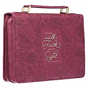 Christian Art Gifts Protective Maroon Floral Faux Leather Bible Cover Carry Case with Handle for Women: Walk by Faith - 2 Corinthians 5:7 Inspirational Bible Verse Zippered with Pocket, Medium