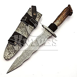 NoonKnives: custom Hand Made Damascus forge wavy style Steel Collectible wavy dagger Knife Handle deer stag horn crown with damascus Inserts (stag)