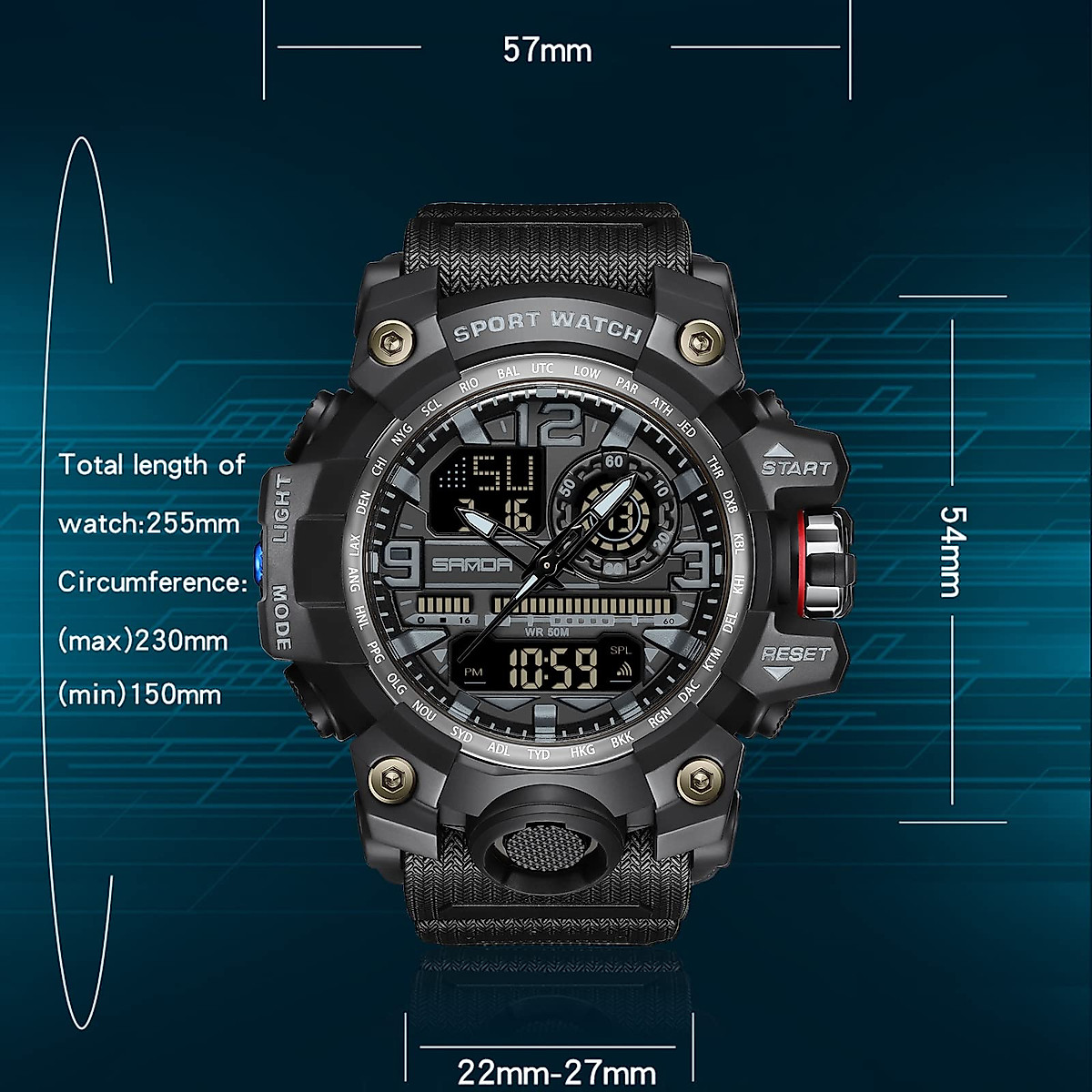 WISHFAN Men’s Military Watch, Dual-Display Waterproof Sports Digital Watch Big Wrist for Men with Alarm (black)