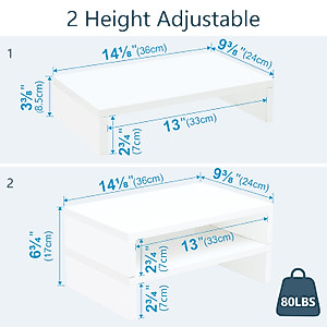 TEAMIX White Monitor Stand Riser-2 Pack,Wood 2 Tier Adjustable Dual Monitor Riser for 2 Monitors/Laptop/PC Computer Stand for Desk