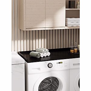 Toemics Washer Dryer Countertop, 27.5" x 54" Laundry Room Organization Shelf with Edge Rails for Washer and Dryer, Durable Melamine Finish, Non-Slip Pads, and 3 Laundry Bags, Black