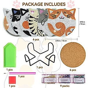 Vcekract Diamond Painting Coasters Kits, 6 Pieces Cat Diamond Painting Coasters with Holder, DIY Diamond Art Coasters with Stickable Cork Bases, Diamond Art Kits for Adults & Kids