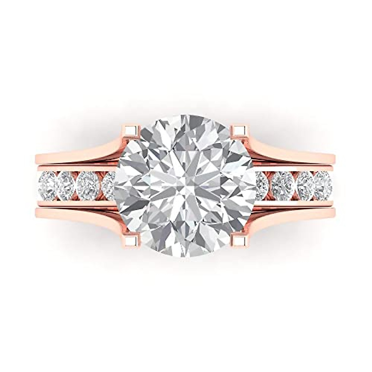 3.39 ct Round Cut Clear Simulated Diamond 14k Rose Gold Solitaire W/Accents Wedding Engagement Bridal Ring Band Set Sz 10.75