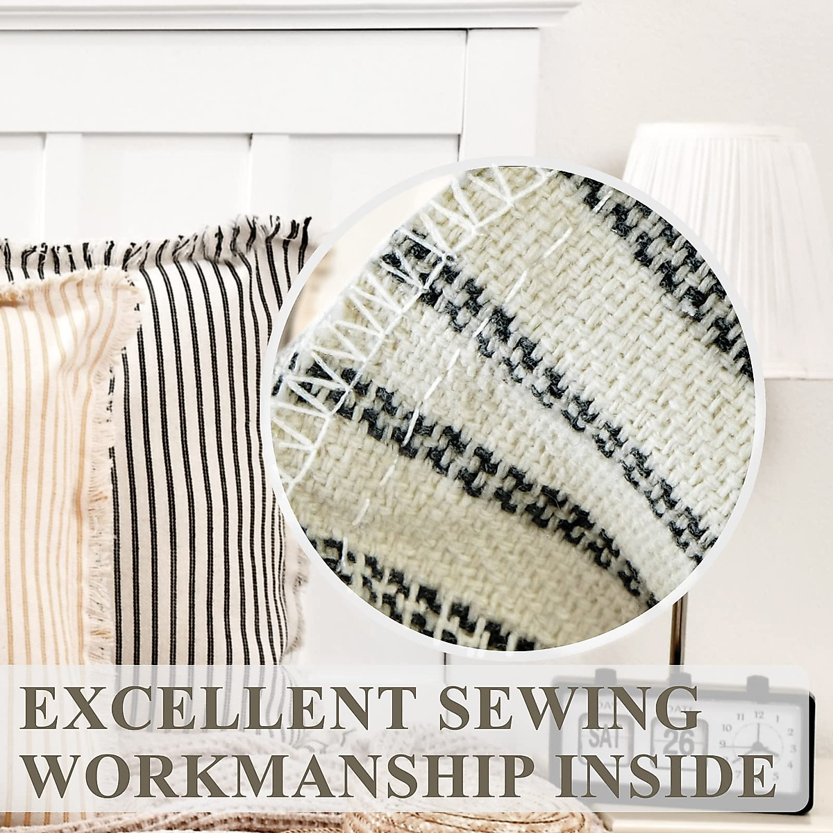 ZWJD Throw Pillow Covers 18x18Set of 2 Striped Pillow Covers with Fringe Chic Cotton Decorative Pillows Square Cushion Covers for Sofa Couch Bed Living Room Farmhouse Decor