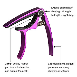 Guitar Capo, Meeland Purple Aluminium Guitar Capo Key Clamp for Acoustic Guitar/electric guitar/Ukulele/Bass With Guitar Picks and Leather Picks Holder and Bridge Pins Puller Included