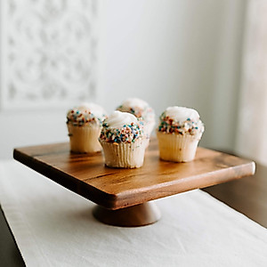 Villa Acacia Wood Cake Stand, 11 Inch Square Display with Wooden Pedestal, Small and Mini Cakes