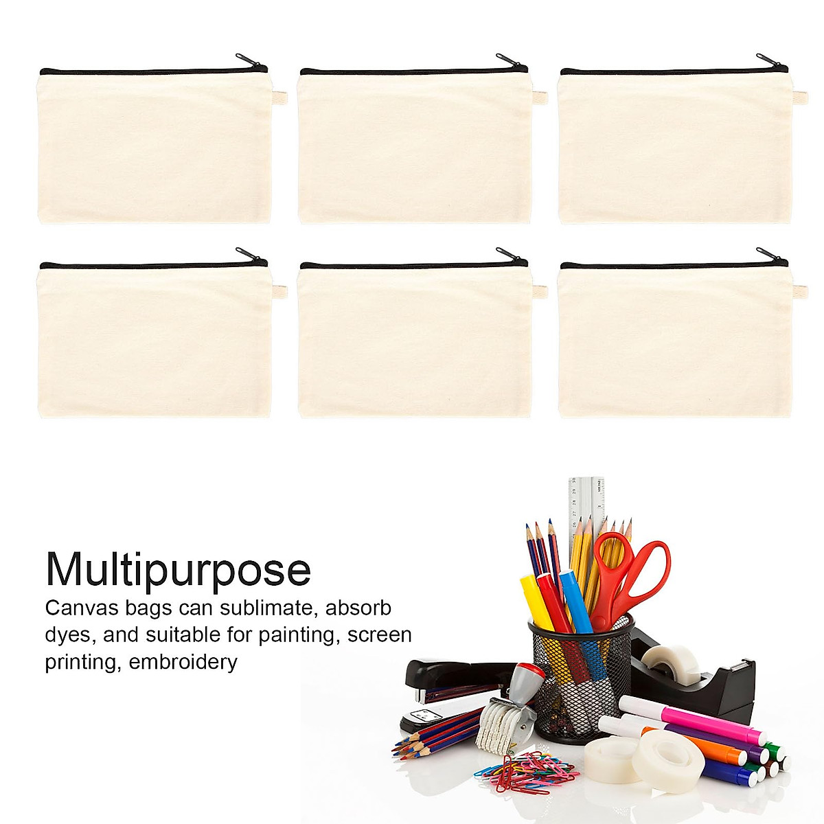 Serlium Canvas Cosmetic Bag 10PCS Blank Canvas Pencil Case with Black Lanyard Portable Multipurpose Blank DIY Craft Bag for Travel Makeup Bag(White)