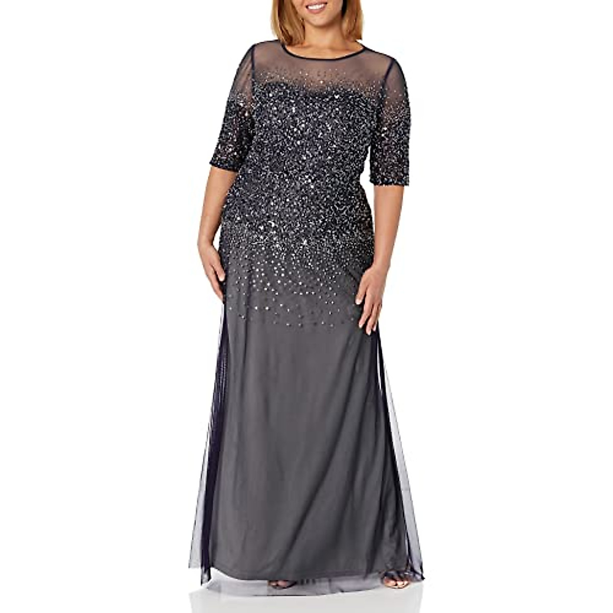 Adrianna Papell Women's Plus-Size 3/4 Sleeve Beaded Illusion Gown with Sweetheart Neckline, Navy, 14