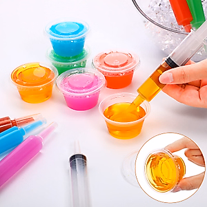 50 Pack Shot Set Include 24 Pcs 0.7 oz Shot Syringes 24 Pcs 2 oz Shot Cups with Lids and 2 Pcs 1 Liter Acrylic Bucket for Birthday Thanksgiving Halloween Christmas Bachelorette Theme Party