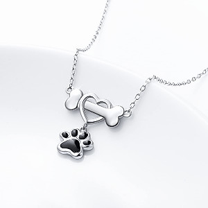 DAOCHONG 925 Sterling Silver Forever Love Heart Dog Bone with Puppy Paw Pendant Necklace for Women Dog Lover Jewelry Graduation Gifts