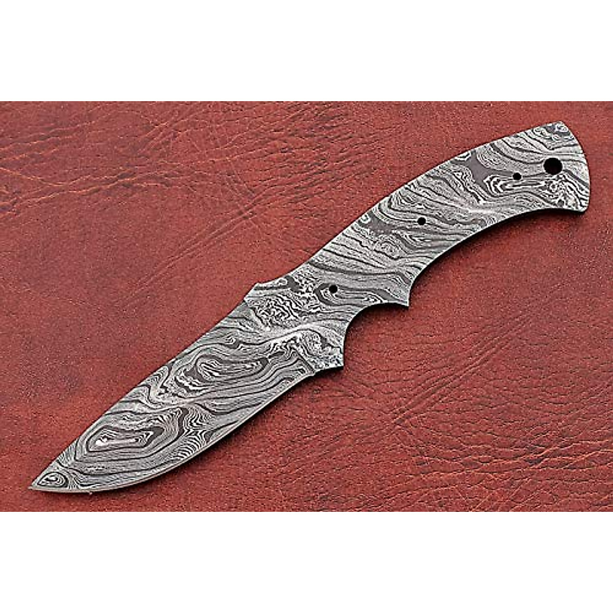 8.5 inches long Drop point blank blade skinning knife, hand forged Damascus steel 4.5" scale space with 3 Pin hole & an inserting hole space 3.75 inches cutting edge