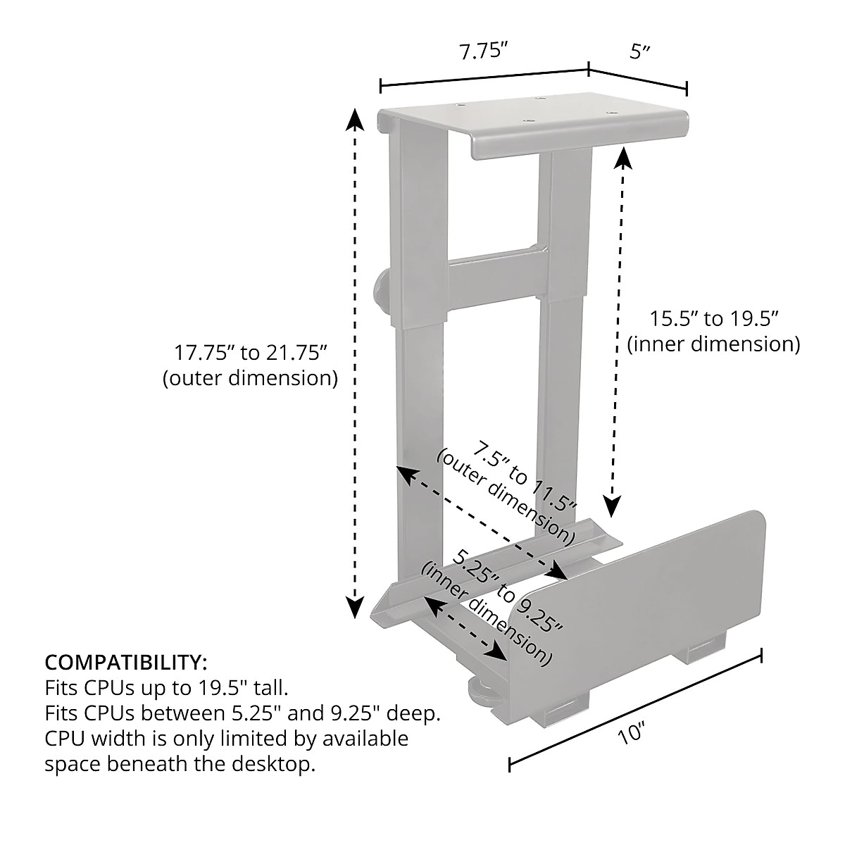 Stand Up Desk Store Adjustable CPU Desktop Computer Tower Holder Under Desk Mount