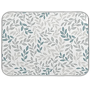 Grey and Blue Leaves branches Dish Drying Mat 16x18 for Kitchen Gray Leaves Botanical Spring Flowers Dishes Pad Dish Drainer Rack Mats Absorbent Fast Dry Kitchen Accessories
