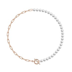 MJartoria Pearl Choker Necklace, 14K Gold Plated Paperclip Chain Necklace for Women, Toggle Clasp, Dainty Half Pearl Half Chain Necklace Trendy Jewelry Birthday Gifts