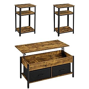 Yaheetech Living Room 3-Piece Coffee Table Sets for Home and Office, Lift Top Coffee Table with Baskets & Hidden Compartment, 2PCS Rustic Industrial End Tables with 2-Tier Shelves, Rustic Brown