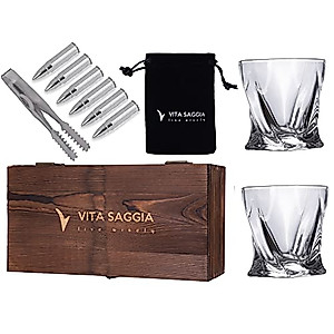 Luxury Whiskey Glass Set of 2, Gift Set in Wooden Box, Includes 6 Whiskey Ice Stones, Velvet Bag and Stainless Steel Tongs. Great Gift for Men, Dad, Christmas.