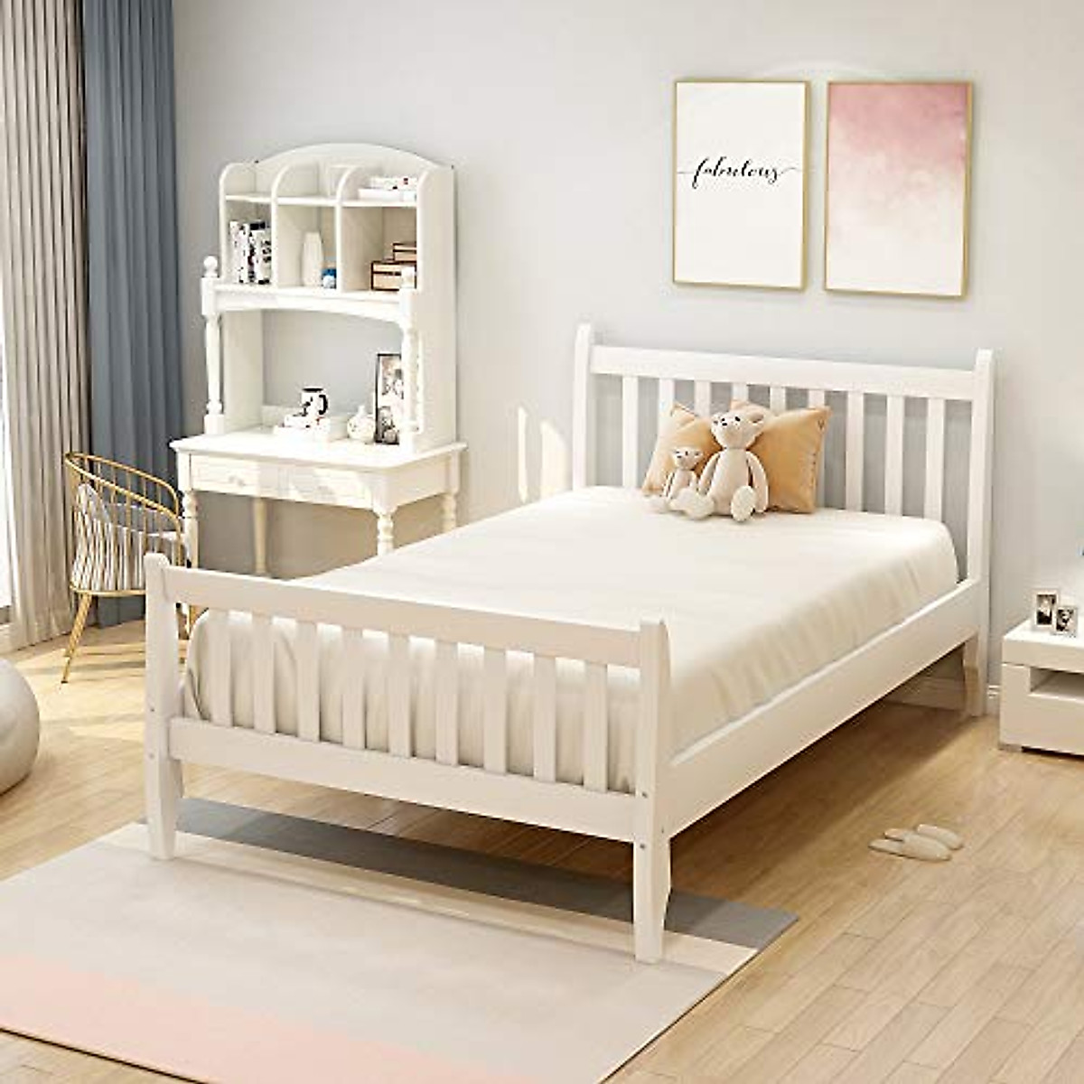 FIQHOME Twin Size Wood Platform Bed Frame,Kids Bed Single Bed with Headboard and Wood Slat Support Mattress Foundation, Twin (White)