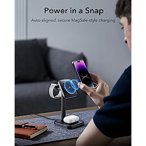 ESR 3 in 1 Wireless Charging Station for Apple [Certified] Portable Apple Watch Charger & MagSafe Charger Stand for iPhone, Wireless Charger for Multiple Devices iPhone 15/14/13/12&Watch&AirPods,Black