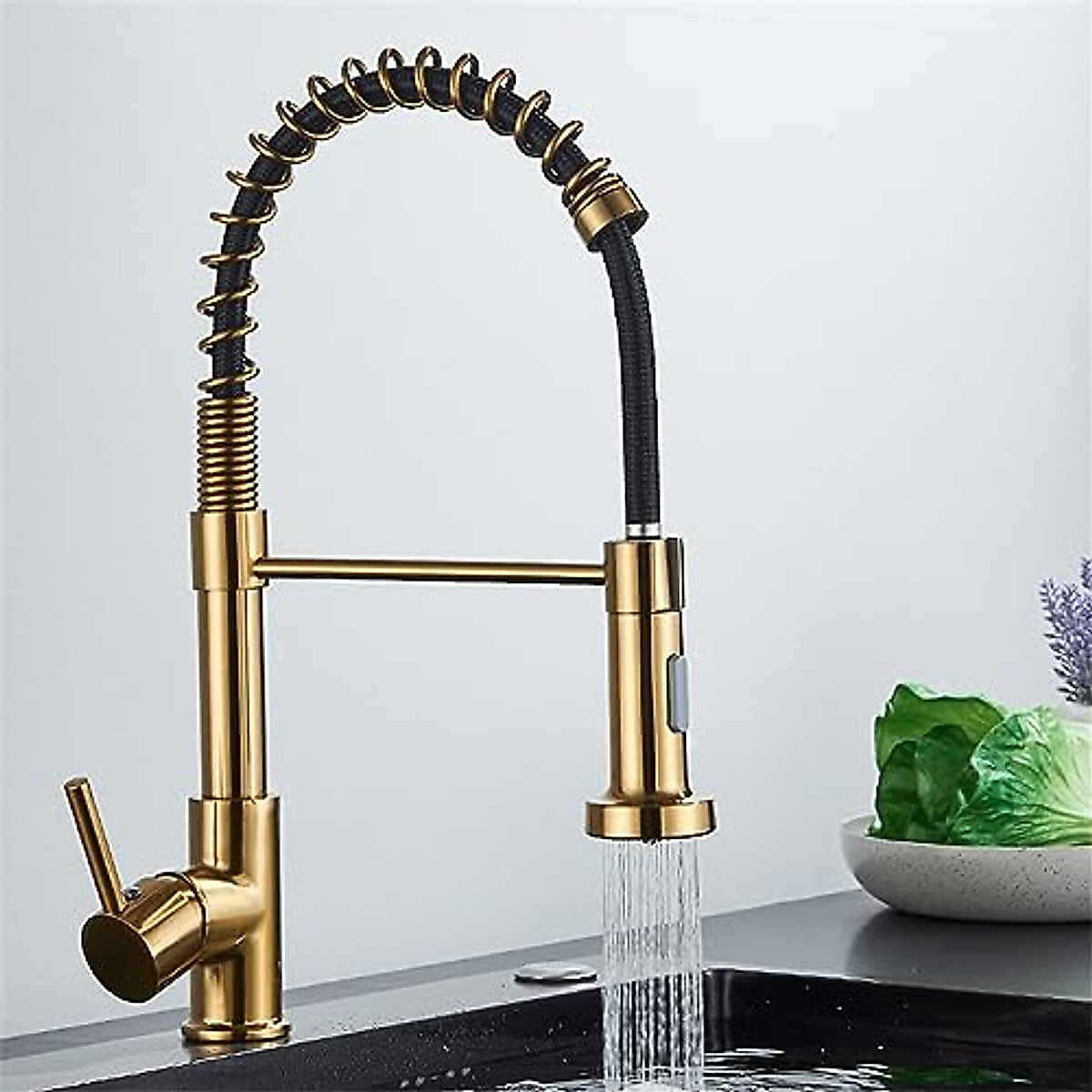 Brushed Gold Kitchen Faucet Pull Down 2-Way Spray Single Handle Hot Cold Water Mixer Tap 360 Rotation Mixer Tap