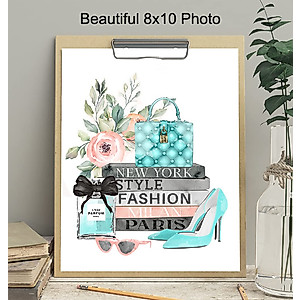 Blue High Fashion Wall Art - Designer Handbag, Purses, Shoes, Perfume - Glam Wall Decor - Luxury Gift for Women - Cute Bathroom decoration Teens Room, Girl Bedroom - Boho-chic Shabby chic Poster