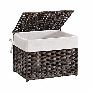SONGMICS Storage Basket with Lid, 9.2 Gallon (35L) Storage Bin, Woven Blanket Storage Basket with Handles, Foldable, Removable Liner, Metal Frame, for Bedroom, Laundry Room, Brown URST040K01