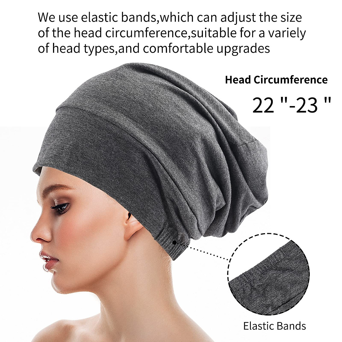 Satin Bonnet for Men 2 Pack Soft and Elastic Black Hair Cap，Satin Lined Beanie, Large Breathable Silky Hair Bonnet for Sleeping Cap，Suitable for Chemo Headwear for Women - Black and Grey