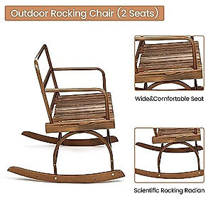 OLRIK Outdoor Rocking Chair, 2 Person Outdoor Rocking Chair with Coated Frame and Wooden seat Cushion, for Camping, Patio, Lawn, Garden, Yard or Balcony, Brown
