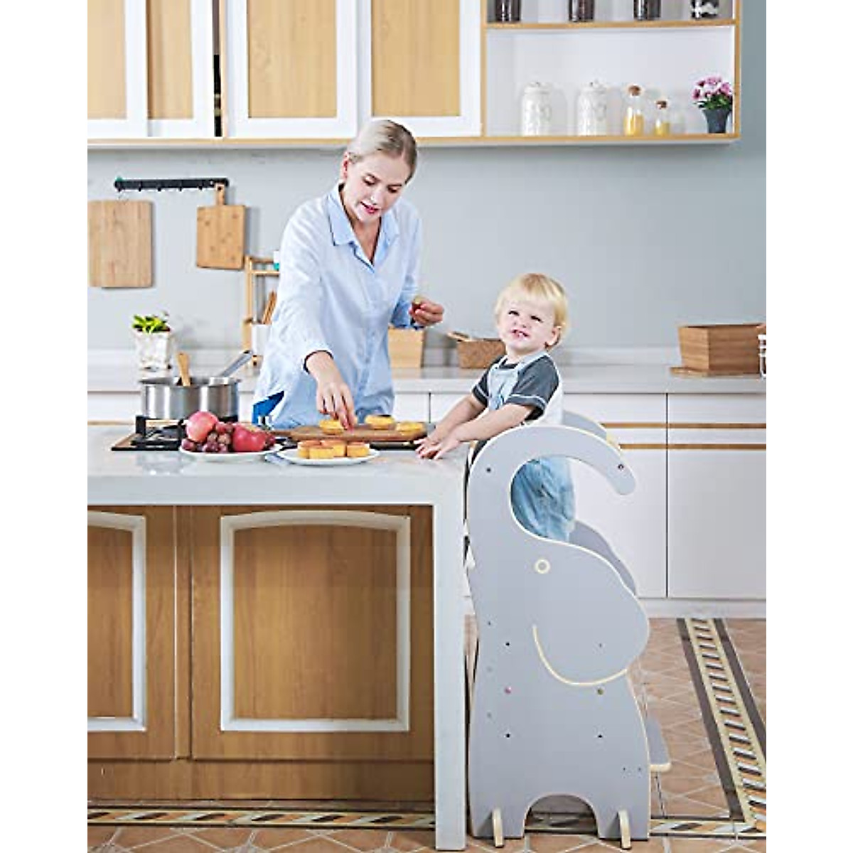 PP OPOUNT Toddler Kitchen Stool, 3-Level Adjustable Toddler Tower, Wood Step Stools for Kids with Safety Protective Net and Non-Slip Mat, Elephant Style, Solid Wood Gray