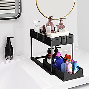 2 Pack Under Sink Organizer, Under Sink Organizers and Storage, Sliding 2 Tier Cabinet Organizer, Multi-Purpose Storage Rack with Hooks for Kitchen and Bathroom, Office, Bedroom(2 Pack) (Black2)