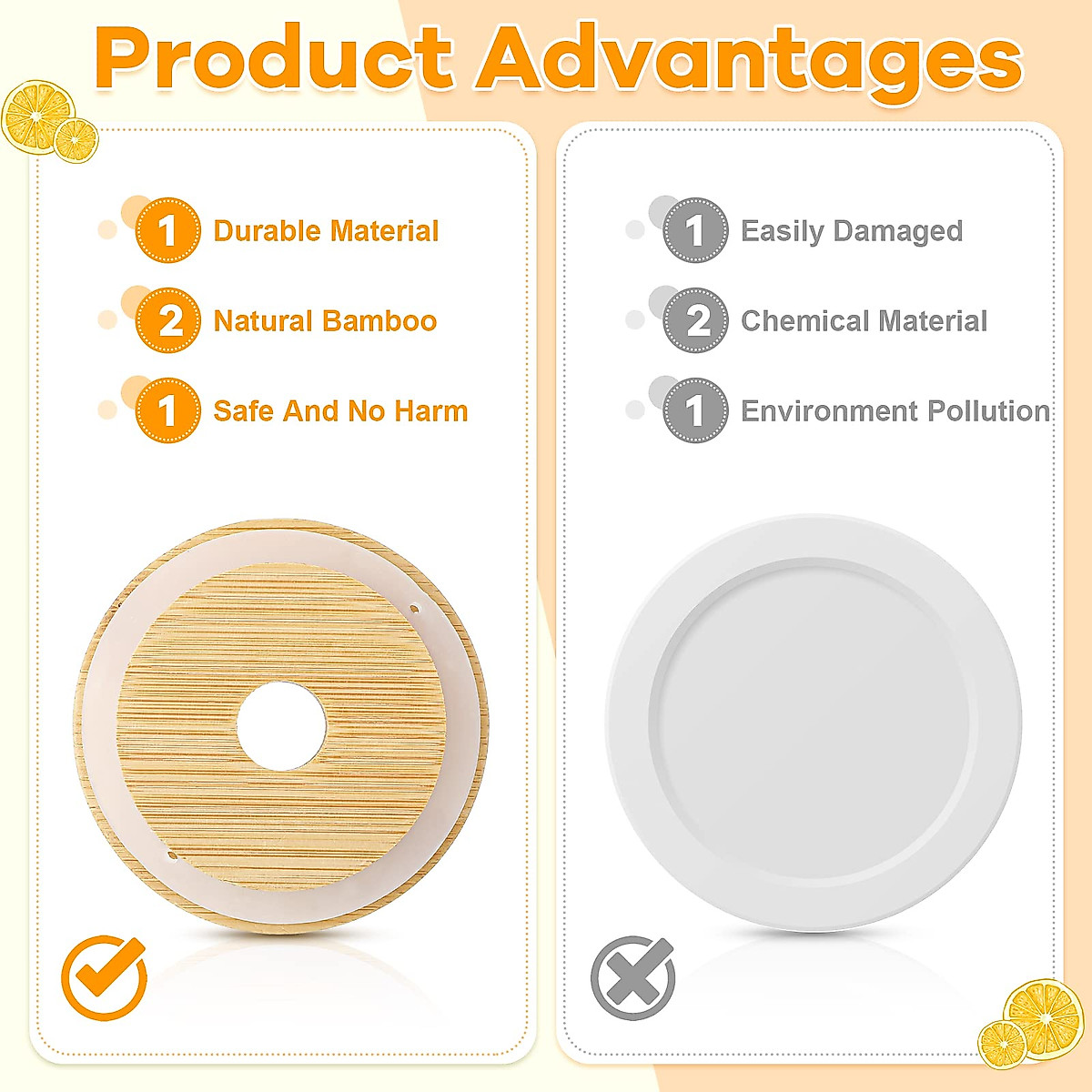 70mm Bamboo Jar Lids with Straw Hole for Glass Cups Reusable Wooden Mason Jar Lids Bulk for Beer Can Cups, 2.76 Inch Canning Lids with Silicone Ring for Regular Mouth Drinking Jars(20 Pieces)