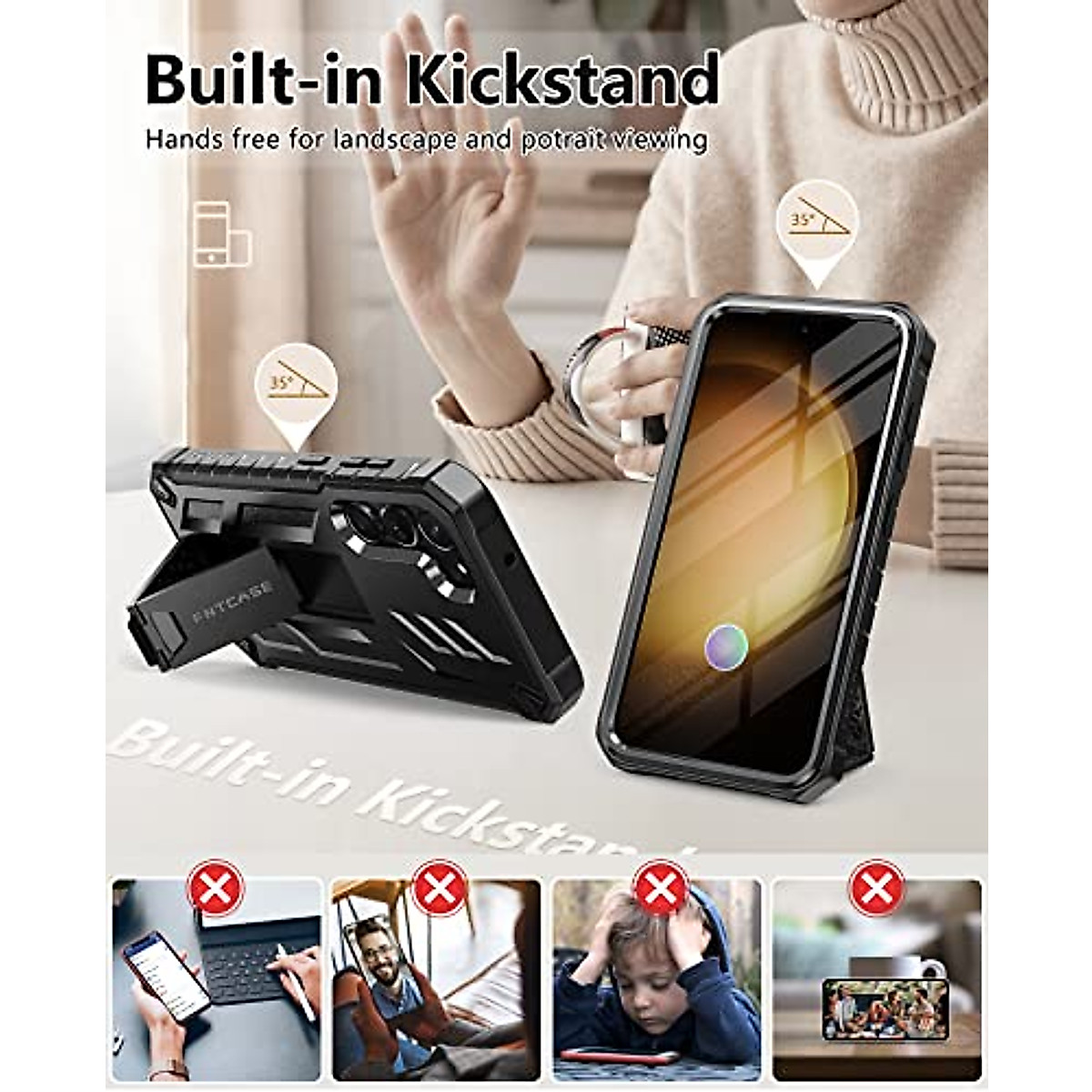 FNTCASE for Samsung Galaxy-S23 Protective Case: Dual-Layer Rugged Shockproof Cell Phone Cover with Built-in Screen Protector & Kickstand|Military Drop Proof Full Protection Bumper Cases 6.1'' Black