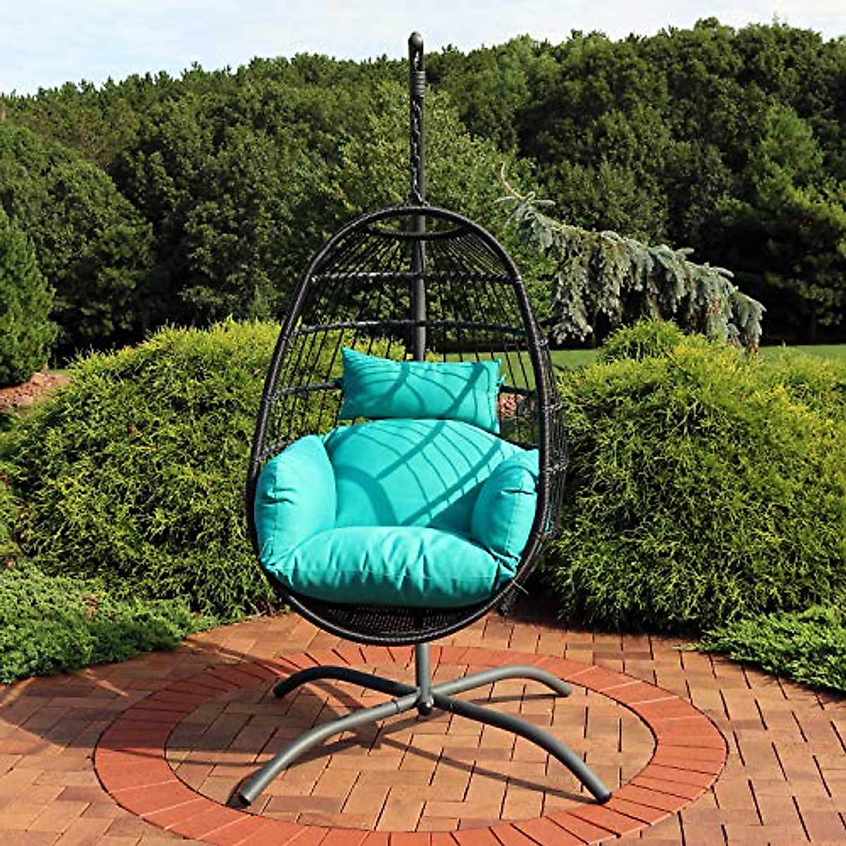 Sunnydaze Penelope Hanging Egg Chair with Seat Cushions and Stand - Black Hanging Wicker Chair with Turquoise Polyester Cushions and Powder-Coated Steel Stand - Collapsible Nylon Back Design - 78-Inch