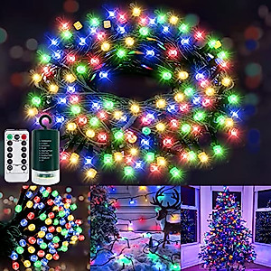120LED 39.4Ft Christmas String Lights Battery Operated Timer 8 Modes Remote Control Waterproof Green Wire Xmas Tree Fairy Lights St. Patrick's Day Decor Outdoor Indoor Home Party Garden (Colorful)
