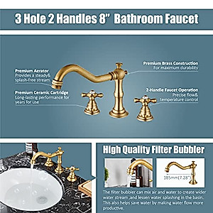 Aolemi Bathroom Sink Faucet Antique Brass Widespread Double Cross Handle Knobs 3 Hole Lavatory Mixer Tap Deck Mount Without Pop Up Drain