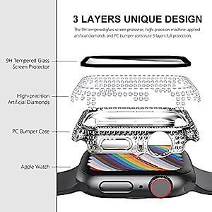 Surace Compatible with Apple Watch Case 44mm with Screen Protector for Apple Watch Series 6/5/4/3/2/1, Bling Case 300 Crystal Diamond Tempered Glass Protective Cover for 38mm 40mm 42mm 44mm, Silver