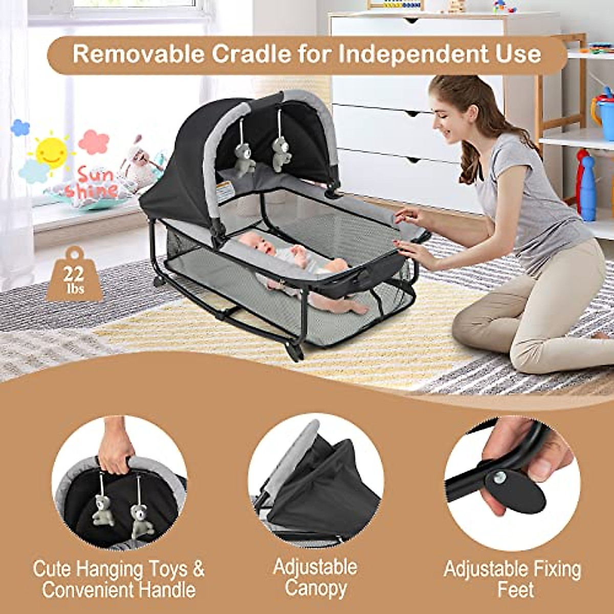 BABY JOY 4 in 1 Pack and Play, Portable Baby Playard with Bassinet & Diaper Changing Table, Infant Bassinet Baby Crib Activity Center with Toys & Oxford Bag from Newborn to Toddlers (Dark, Classic)
