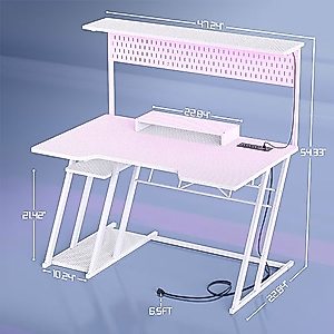 Gaming Computer Desk with Storage Shelves & Z-Shaped Legs, White Gaming Desk with Hutch and LED Lights, Reversible PC Gaming Desk with Pegboard for Bedroom & Small Spaces, Carbon Fiber Surface, 47''