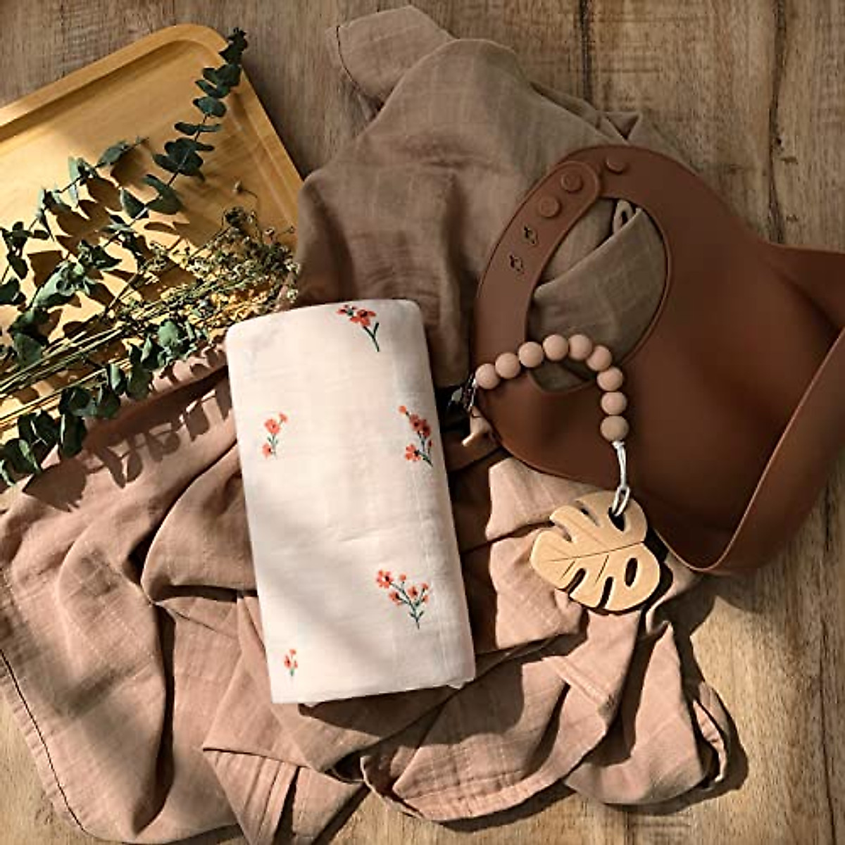 LifeTree Baby Girl Swaddle Blankets, Muslin Swaddling Wrap Neutral Receiving Blanket for Newborn, 100% Organic Cotton, Large 47 x 47 inches, Solid Color/Flower Print