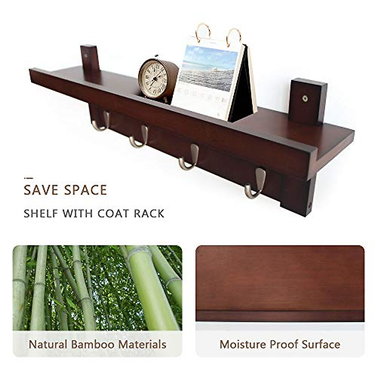 SONGWAY Wall Mounted Floating Shelf - Wall Coat Rack with Hooks and Shelf, Rustic Floating Shelf, Wood Wall Shelf with Hooks, Key Holder for Wall, Brown