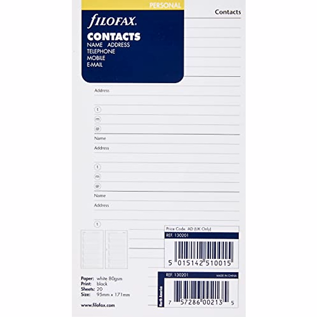 FILOFAX Name/Address/Telephone Refill for Personal & Personal Compact Size, 20 Sheets, White (B130201)