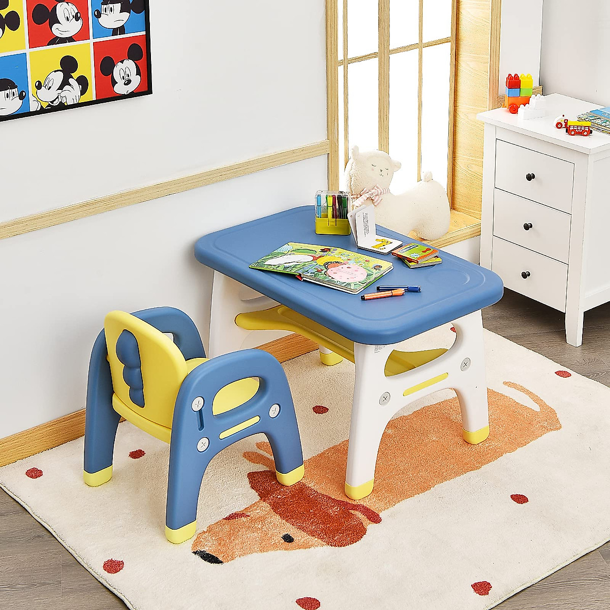 Costzon Toddler Table and Chair Set, Cute Dinosaur Children Activity Art Sturdy Desk Set w/Storage Rack & Montessori Toys Building Blocks, Kids Table and Chair for Baby Boys Girls (Blue)