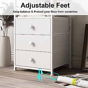 Tohomeor End Table with Charging Station LED Light Nightstand Bedroom Bed Side Dresser with 3 Fabric Drawers Open Storage Shelf Living Room Sofa End Table with USB Ports and Outlet (White, 1 Pack)