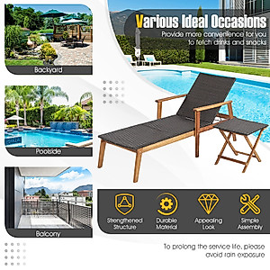 Tangkula 2 Piece Patio Chaise Lounge & Table Set, Outdoor Rattan Recliner w/Folding Side Table, 4-Level Adjustable Backrest, Solid Acacia Wood Frame, Recliner & Table Set for Backyard (Mix Brown)