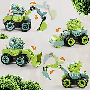 Dinosaur Carrier Truck Toys: burgkidz Kids Transport Playset with 4 Take-Apart Dino Cars & 3 Realistic Dinos Figures, Excavator Toy, Friction Powered Cars Toy Gifts for Kids Boys Girls 3 to 5 Years