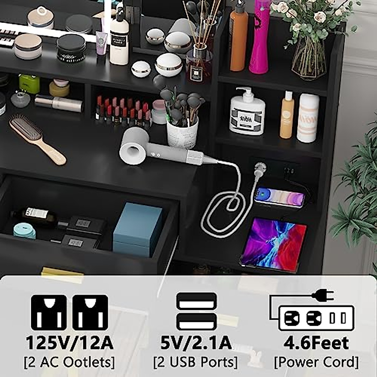 PAKASEPT Makeup Vanity with Tri-fold Makeup Mirror, Vanity Desk with 3-Color Adjustable Touch Light, Charging Station, Vanity Table with Nightstand,5 Drawers, Storage Shelves&Cushioned Stool…