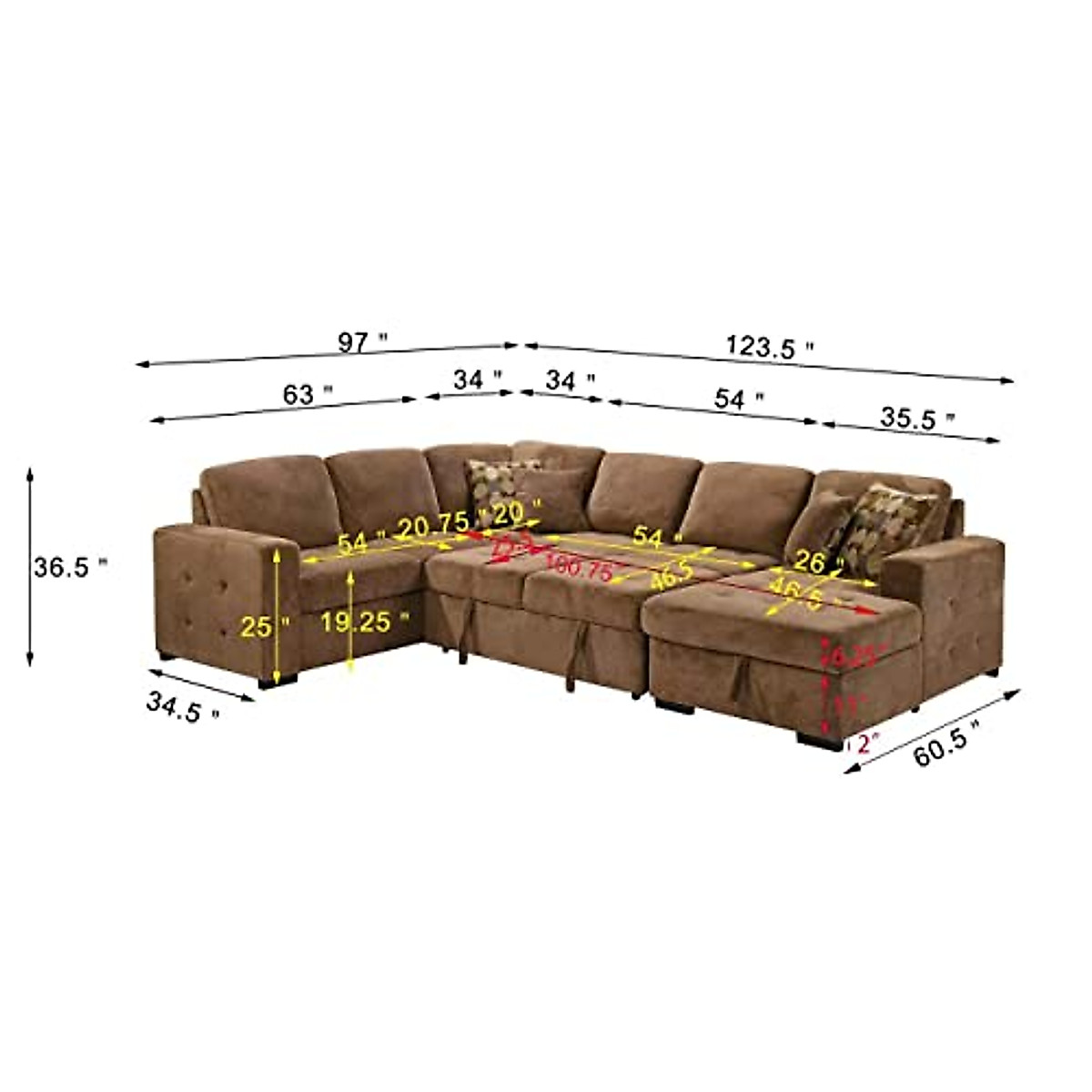 123" U-Shaped Oversized Modular Sectional Sofa with Pull Out Sleeper Bed,Storage Chaise Lounge and 4 Throw Pillows,Convertible Polyester Upholstered Sectionals Sofá&Couch for Large Space,King Size